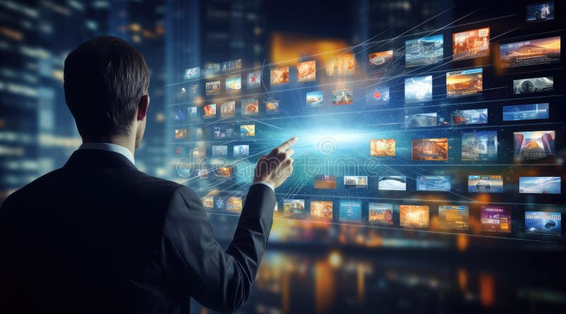 Back View of Businessman Touching Icon of Media Screen on Media Screen ...