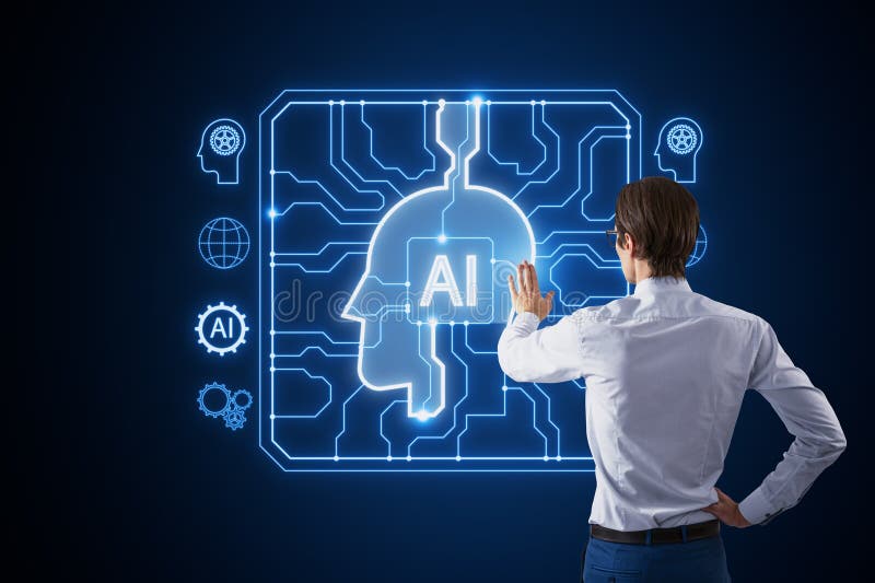 Back View of Businessman Using Creative AI Head Outline Hologram with ...