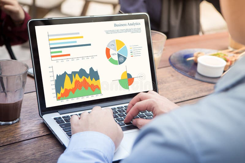 Back View of Businessman Using Laptop Analyzing Statistics Data on ... Back View of Businessman Using Laptop Analyzing Statistics Data on ...