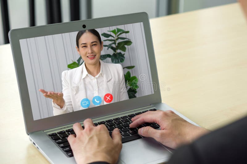 Back View of Businessman Using Laptop Computer, Video Conference Online ...