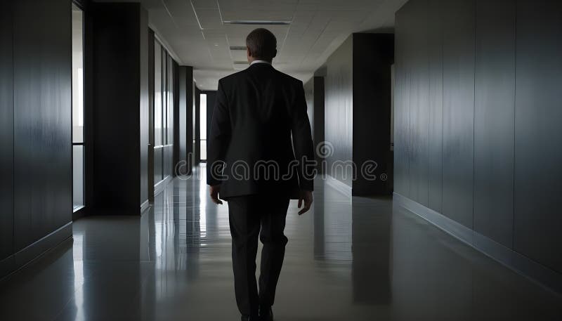 Back View of Businessman Walking Down Corporate Hallway with Sunlight ...