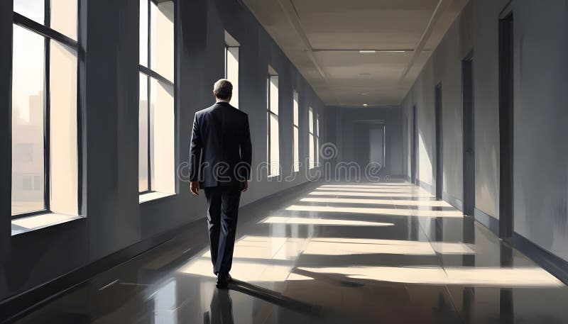 Back View of Businessman Walking Down Corporate Hallway with Sunlight ...