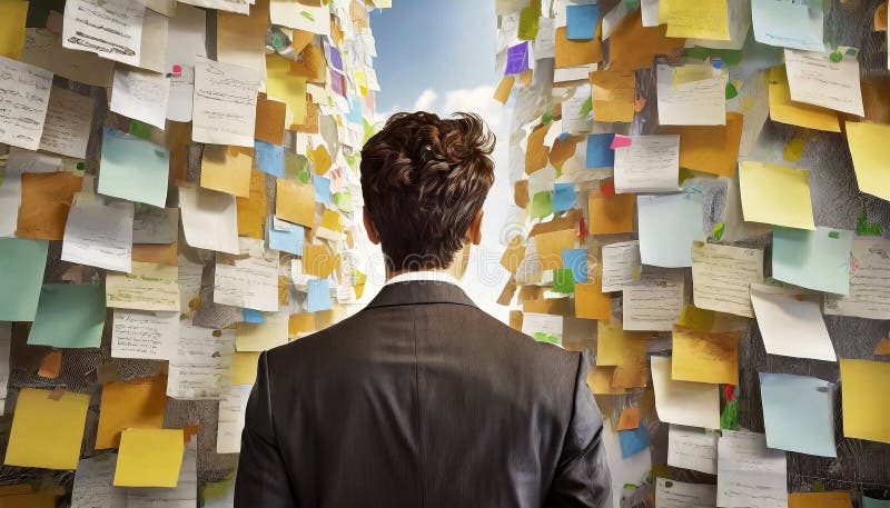 Back View of a Businessman Watching a Large Group of Paper Notes ...