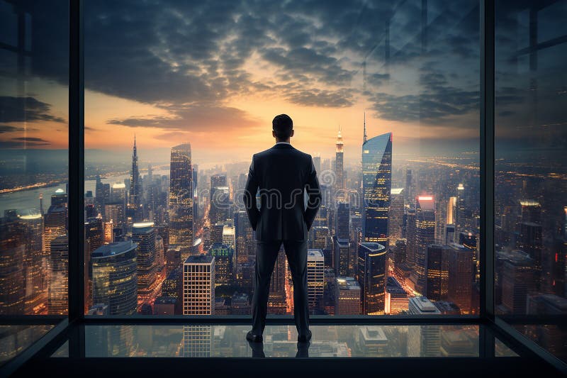 Back View of Businessman Wearing Suit Standing in City Window Frame ...