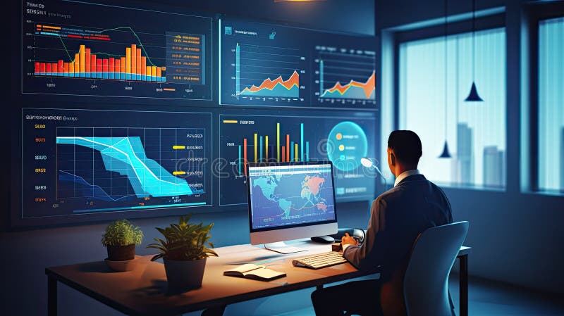 Back View of Businessman Working on Computer in Modern Office Stock ...