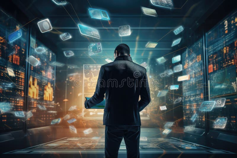 Back View of Businessman Working with Tablet in Dark Room with Binary ...