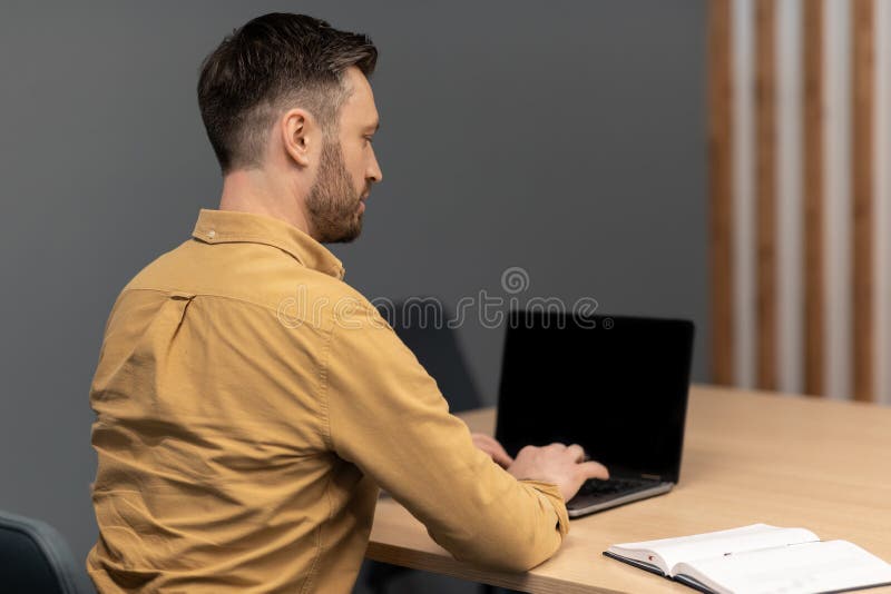 Back View of Businessman Working Using Laptop Computer in Office Stock ...