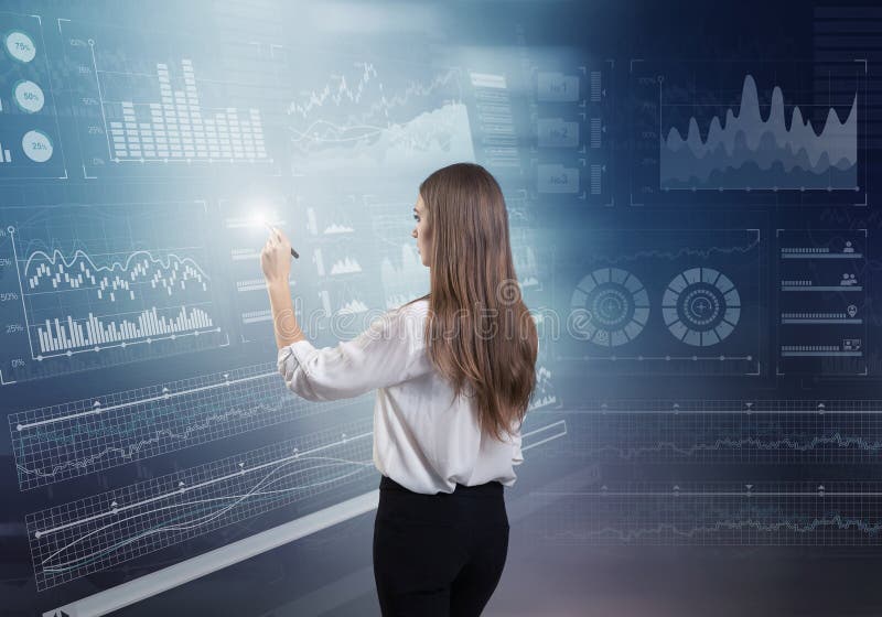 Back View of Businesswoman Working with Virtual Panel Stock Photo ...