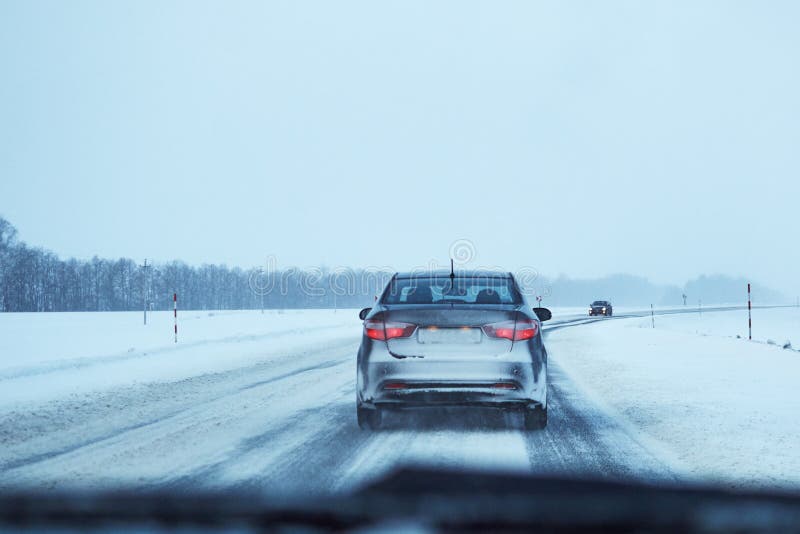Back View of Car on Snowy Winter Road Stock Photo - Image of landscape ...