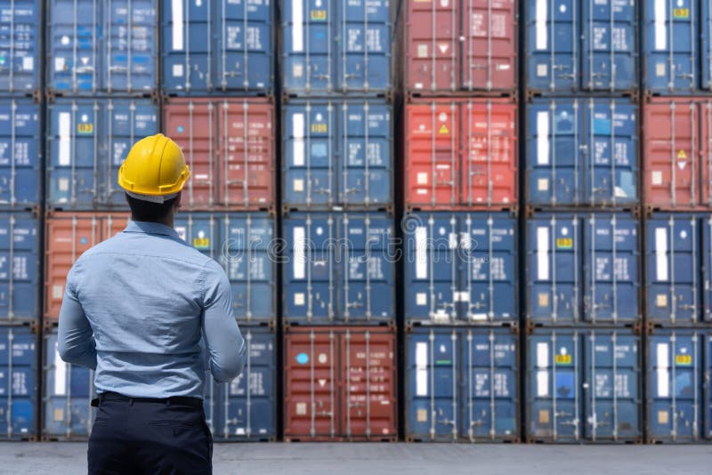Back View of Caucasian Cargo Container Site Manager Against Stack of ...