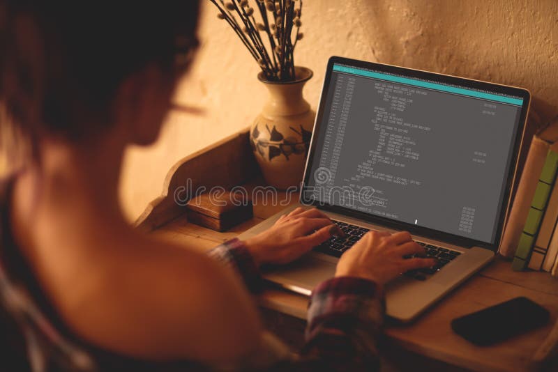 Back View of Caucasian Female Programmer Sitting at Desk, Using Laptop ...