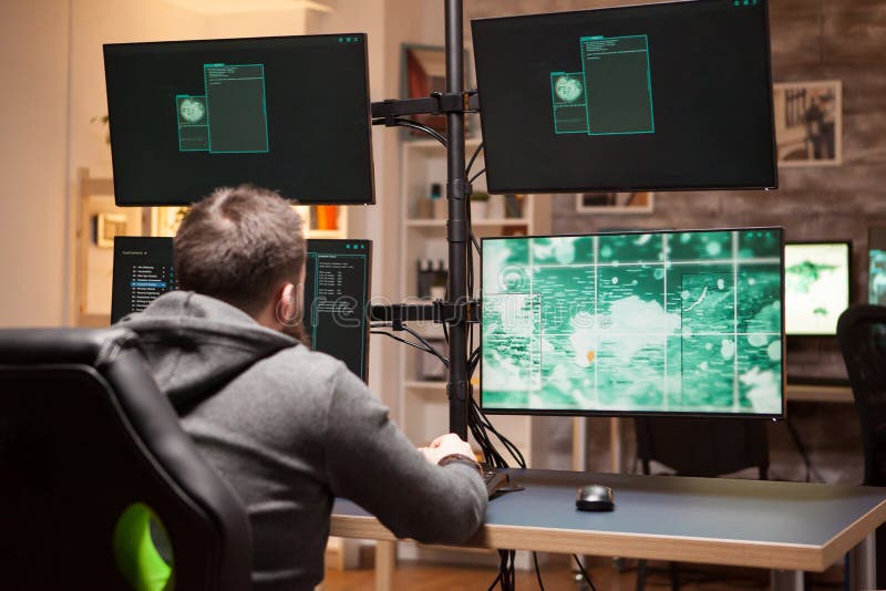 Back View of Caucasian Man Stealing Personal Data Stock Image - Image ...