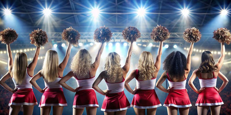 Back View of Cheerleaders with Raised Against a Backdrop of Bright ...