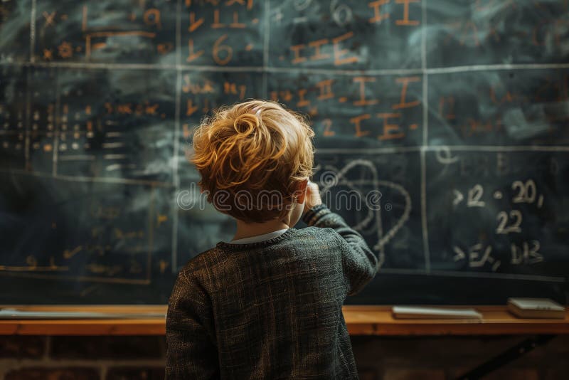 Back View of a Child Writes with Chalk on a Blackboard Solution of an ...