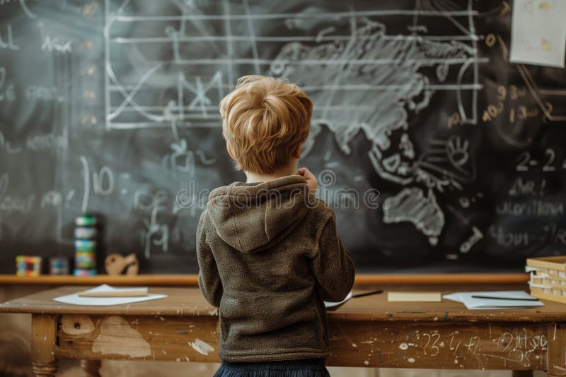 Back View of a Child Writes with Chalk on a Blackboard Solution of an ...
