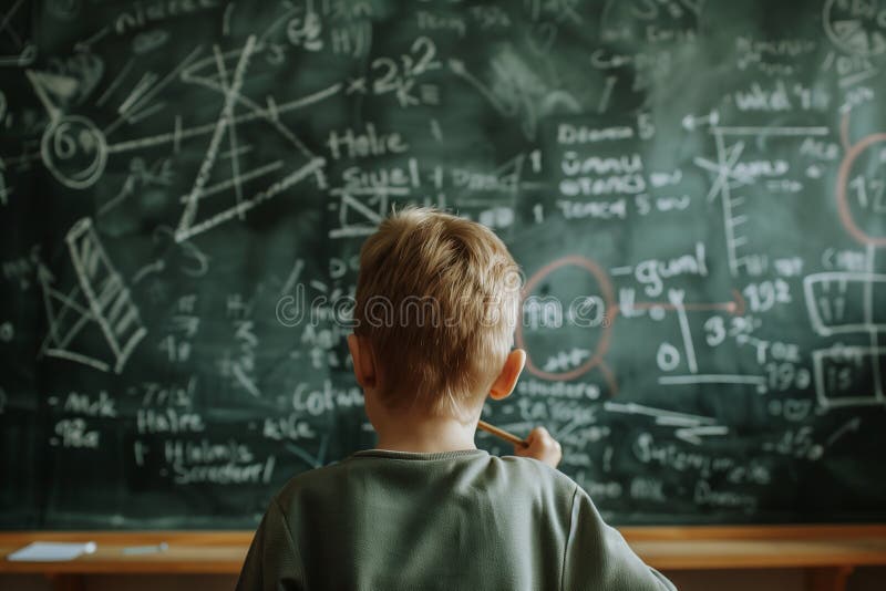 Back View of a Child Writes with Chalk on a Blackboard Solution of an ...