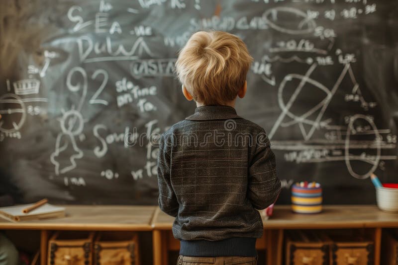 Back View of a Child Writes with Chalk on a Blackboard Solution of an ...