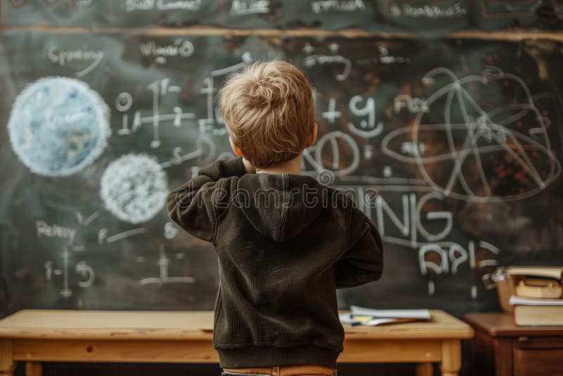 Back View of a Child Writes with Chalk on a Blackboard Solution of an ...