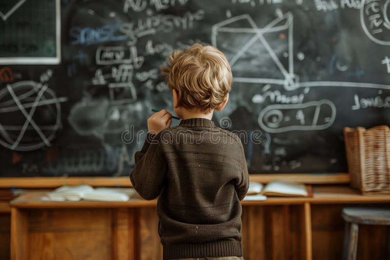 Back View of a Child Writes with Chalk on a Blackboard Solution of an ...