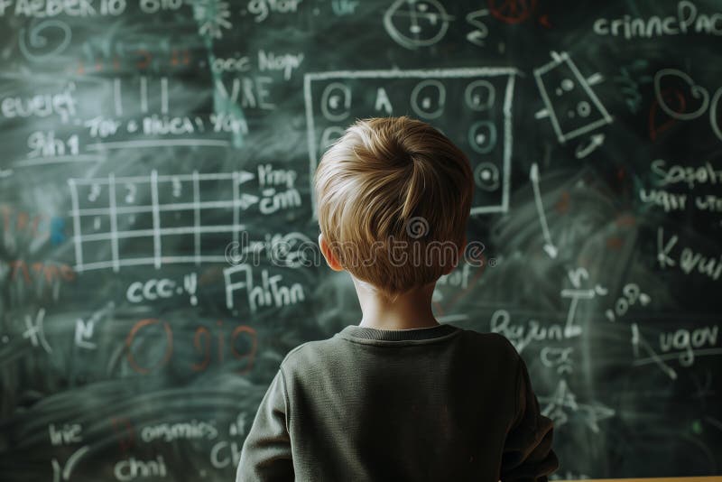 Back View of a Child Writes with Chalk on a Blackboard Solution of an ...