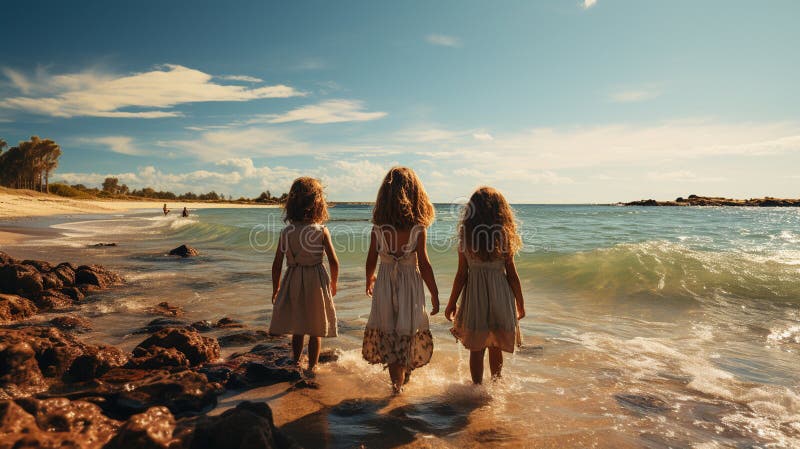 Back View Children on the Sea Beach in Sunny Day. Generative Ai Stock ...