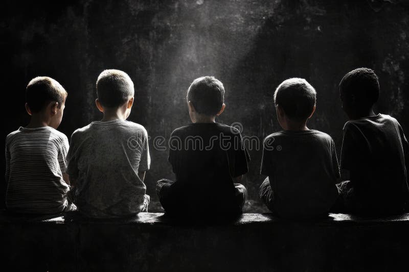 Back View of Children Sitting in Dark Room with Dramatic Lighting Stock ...