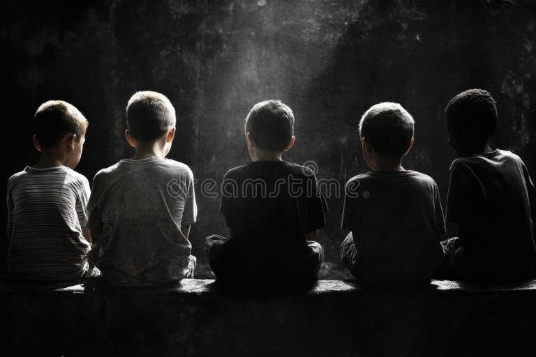 Back View of Children Sitting in Dark Room with Dramatic Lighting Stock ...