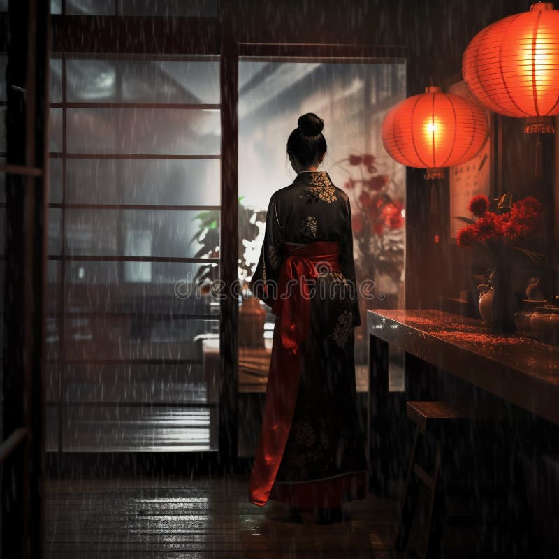 Back View of a Chinese Woman Looking at Rain Outside Generative AI ...