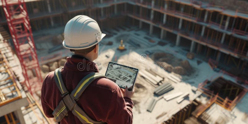 Back View of Civil Engineer Holding Tablet with Building Construction ...