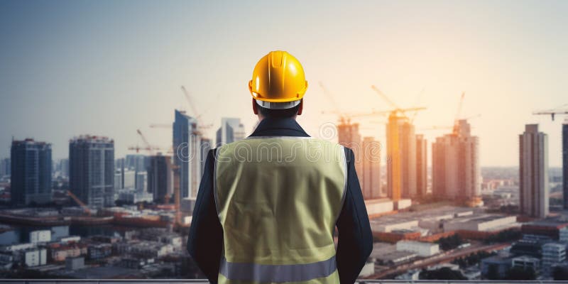 Back View of Civil Engineer with Metropolis Construction Background ...