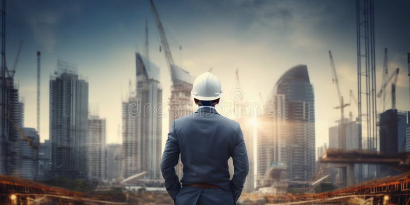 Back View of Civil Engineer with Metropolis Construction Background ...