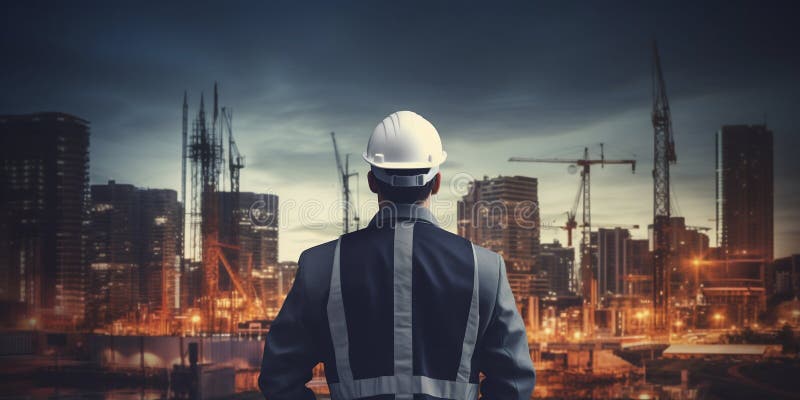 Back View of Civil Engineer with Metropolis Construction Background ...