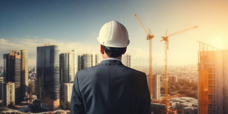 Back View of Civil Engineer with Metropolis Construction Background ...