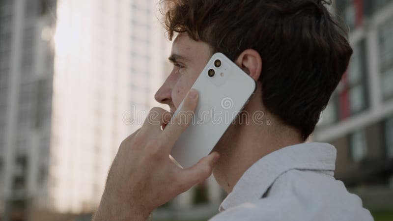 Back View Close Up Head Unrecognizable Unknown Man Talking Mobile Phone ...