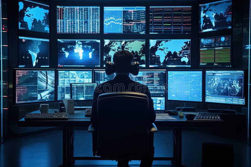 Back View of a Computer Security Specialist Gathers Information while ...