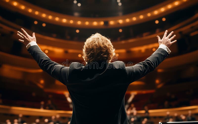 Back View of Conductor with Raised Arms in Concert Hall, Dramatic Stage ...