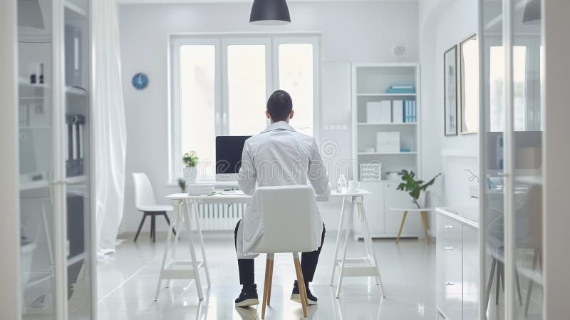 A Back View of a Confident Doctor Working Diligently in a White Office ...