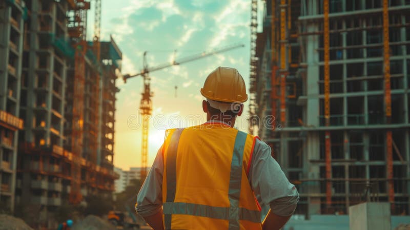 Back View of Construction Engineer Looking at the Building in the ...