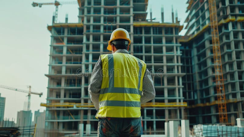 Back View of Construction Engineer Looking at the Building in the ...