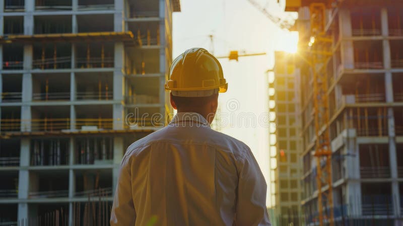 Back View of Construction Engineer Looking at the Building in the ...