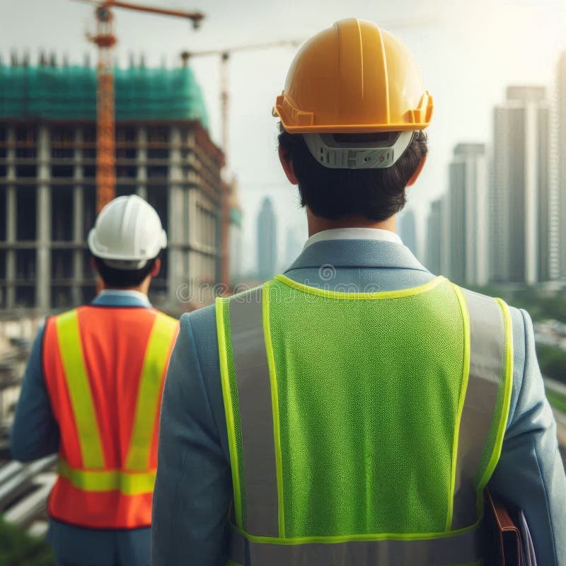 Back View of a Construction Engineer Wearing a Safety Helmet and ...