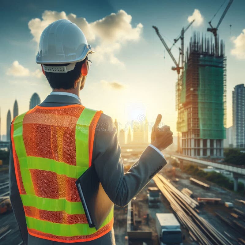 Back View of a Construction Engineer Wearing a Safety Helmet and ...