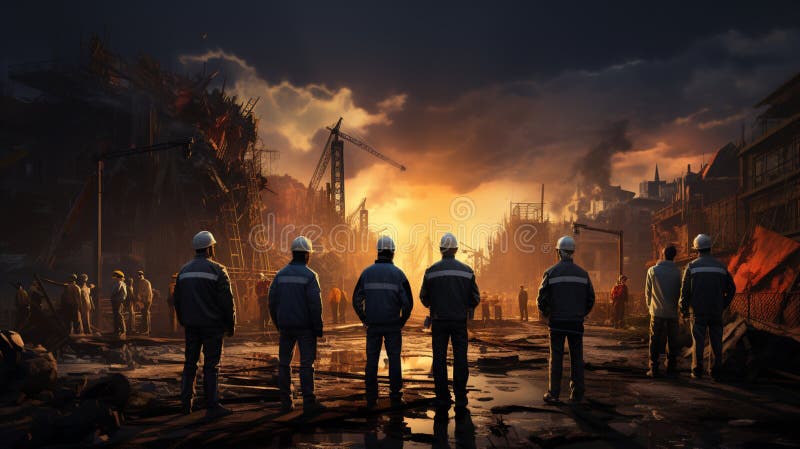 Back View of Construction Site with Workers and Cranes Stock ...