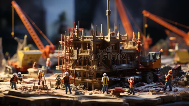 Back View of Construction Site with Workers and Cranes Stock ...