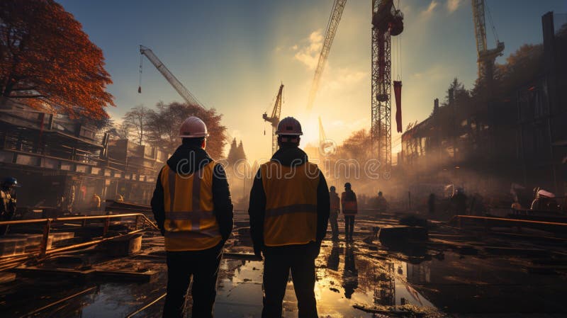 Back View of Construction Site with Workers and Cranes Stock ...
