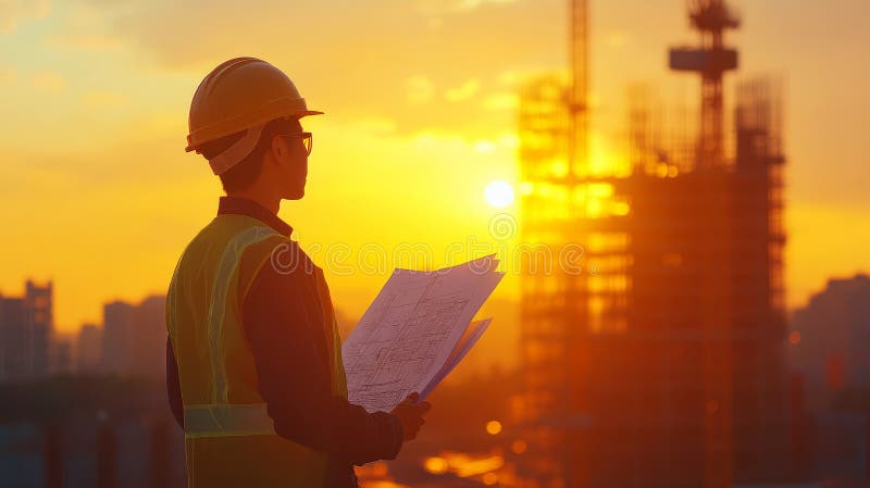 A Back View of a Construction Worker Engineer, Wearing a Safety Helmet ...