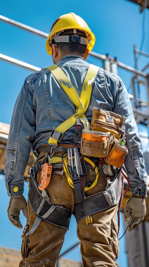 Back View of a Construction Worker Equipped for Safety and ...