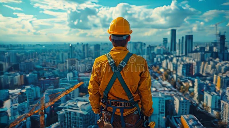 Back View of a Construction Worker in a Hard Hat and Reflective Jacket ...