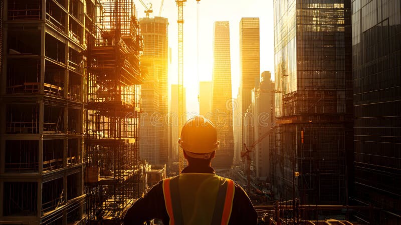 Back View of a Construction Worker Observing a Crane and Building ...