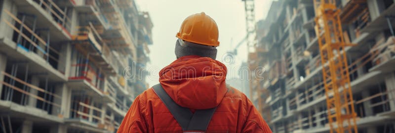 Back View of a Construction Worker in Orange Gear at a Building Site ...